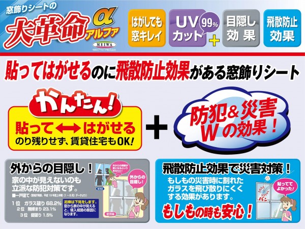 飛散防止効果のある窓飾りシート(大革命アルファ) GH-9202 92cm丈×90cm巻【メーカー直送】代引き・銀行振込前払い・同梱不可の通販 ...