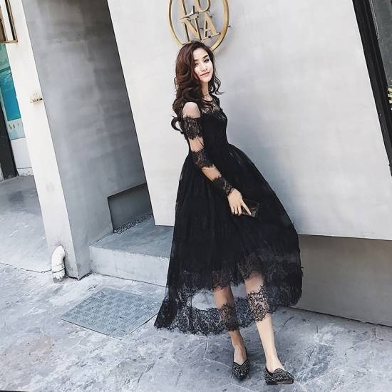 おしゃれロング ドレス パーティードレス 個性的 黒 袖あり 長袖