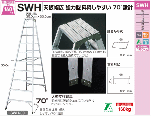 脚立 長谷川工業 [ 脚立専用タイプ ] SWH 天板幅広強力タイプ SWH-21 天板高：2.10mの通販はau PAY マーケット - 山 ...