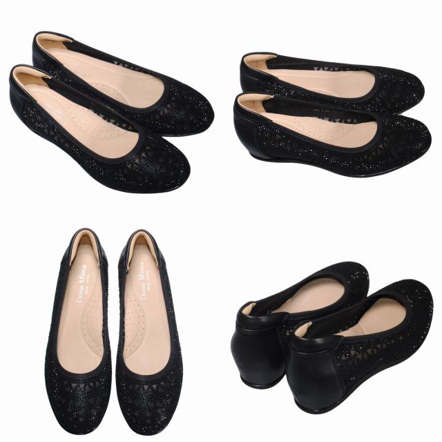 【靴のHOSHIKAWA】  『Dona Miss 129-9』 22cm〜24.5cm レディース ドナミス パンプス ガンメタ ラインストーン ウェッジソール インヒール チュールレース 涼しい 本革 軽い 春夏