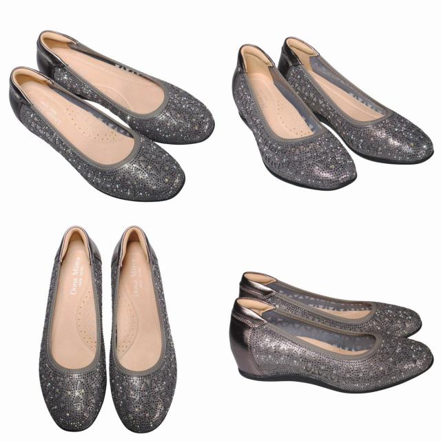 【靴のHOSHIKAWA】  『Dona Miss 129-9』 22cm〜24.5cm レディース ドナミス パンプス ガンメタ ラインストーン ウェッジソール インヒール チュールレース 涼しい 本革 軽い 春夏