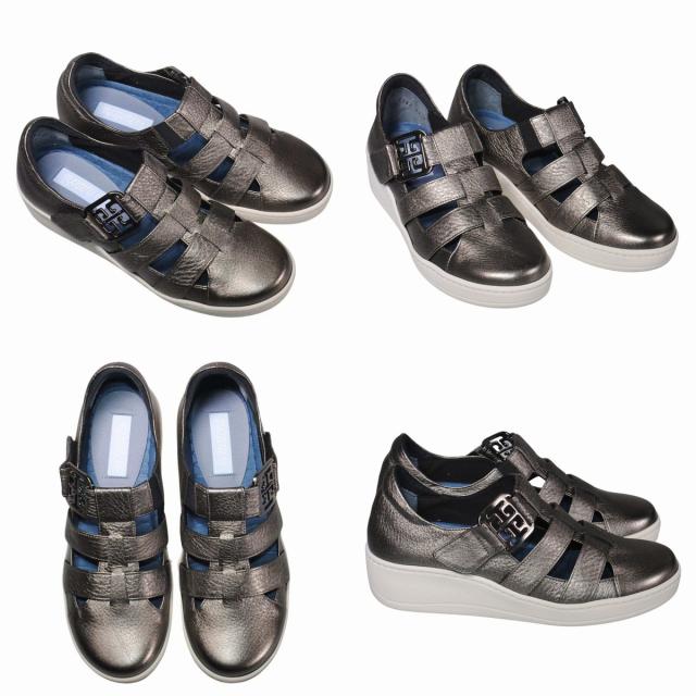 【靴のHOSHIKAWA】  『hatchi 2580』 ハッチ レザースニーカー 21.5cm〜24.5cm EEEE サンダルシューズ ベルクロ レディース Dシルバー 本革 国産 春夏