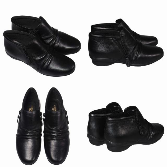 【靴のHOSHIKAWA】  『A-OK 3650』 エーオーケー ブーティー 22.5cm〜24.5cm レディース Lブラウン ショート丈 ブーツ 両側ファスナー 牛革 幅広 秋冬