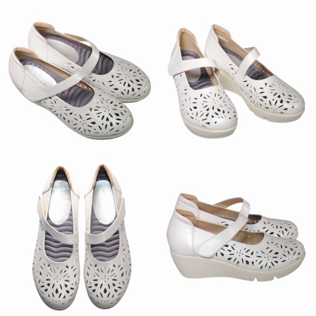 【靴のHOSHIKAWA】  『Dona Miss 423』 ドナミス ウェッジソールパンプス 21.5cm〜24.5cm EEEE アイボリーM レディース ウェッジヒール ベルクロ 幅広 牛革 国産