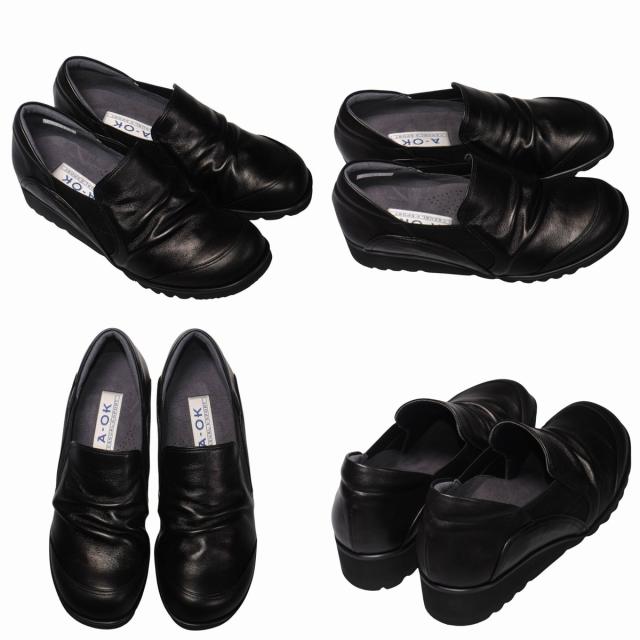 【靴のHOSHIKAWA】  『A-OK 6218』 エーオーケー スリッポン 22cm〜24.5cm レディース ブラック サイドゴア ブーティー シボ加工 牛革 幅広 日本製 秋冬