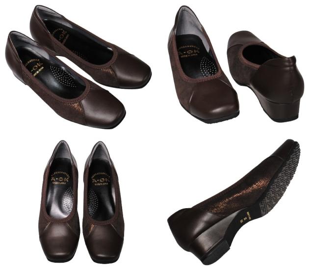 【靴のHOSHIKAWA】  『A-OK 6951』 エーオーケー パンプス 21.5cm〜24.5cm EEE レディース ダークブラウン ウェッジソール 牛革 日本製