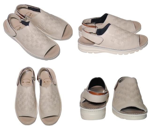 【靴のHOSHIKAWA】  『A-OK 7292』 エーオーケー サンダル 21.5cm〜25cm レディース グリーン バックベルト オープントゥ フラット底 国産 牛革 春夏