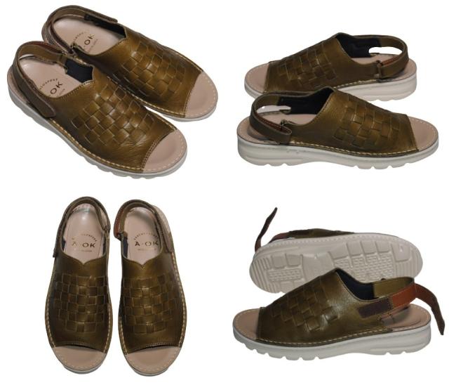 【靴のHOSHIKAWA】  『A-OK 7292』 エーオーケー サンダル 21.5cm〜25cm レディース グリーン バックベルト オープントゥ フラット底 国産 牛革 春夏