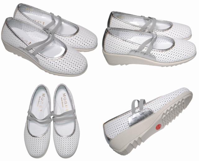 【靴のHOSHIKAWA】  『MONET 7112』 モネ RELAX Anatomic 22.5cm〜24.5cm 幅広 パンプス レディース ウェッジソール ホワイト パンチング 春夏 本革 国産