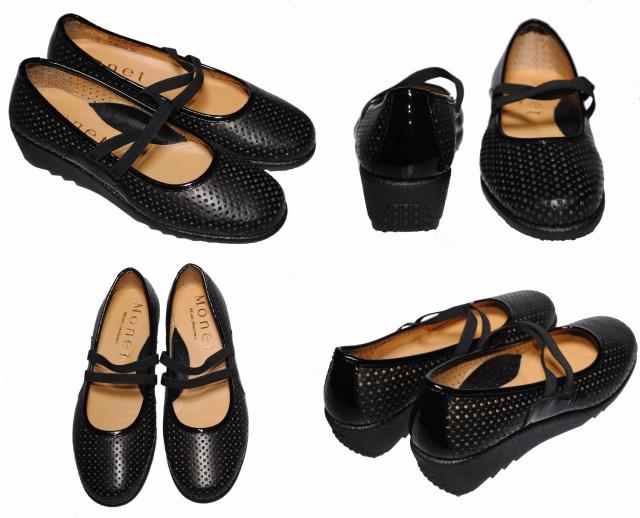 【靴のHOSHIKAWA】  『MONET 7112』 モネ RELAX Anatomic 22.5cm〜24.5cm 幅広 パンプス レディース ウェッジソール ホワイト パンチング 春夏 本革 国産