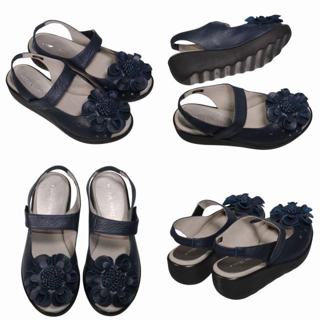 【靴のHOSHIKAWA】  『Dona Miss 1488』 ドナミス サンダル 21.5cm〜24.5cm EEEE  レディース ネイビー フラワーモチーフ バックベルト コンフォート 国産 厚底 本革 春夏