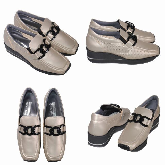 【靴のHOSHIKAWA】  『VITA NOVA 6975』 ヴィタノバ スリッポン 21.5cm〜24.5cm EEE レザーシューズ レディース プラチナ ローファー ウェッジソール チェーン スクエアトゥ 牛革 厚底