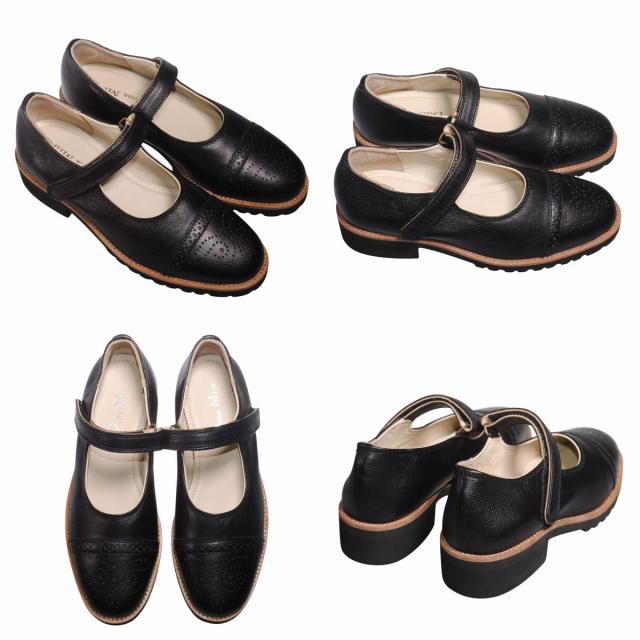 【靴のHOSHIKAWA】  『Dona Miss RT1-4』 ドナミス パンプス 22.5cm〜24.5cm レディース ブラック マジックテープ ローヒール アーモンドトゥ コンフォート ストレートっチップ 幅広 牛革 国産