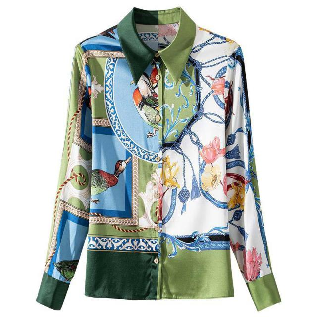 ブラウス トップス 長袖 シャツ スカーフ柄 柄シャツ サテン素材 大人