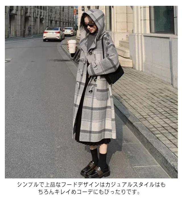 ダッフルコート レディース フード付き チェックコート 秋冬