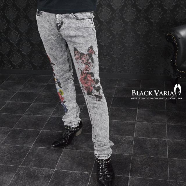 パンツ スキニーデニム 薔薇柄 花 バラ ケミカルウォッシュ メンズ ジーパン ストレッチ ボトムス(グレーブラック) zkt006 パンツ スキニーデニム 薔薇柄 花 バラ ケミカルウォッシュ メンズ
