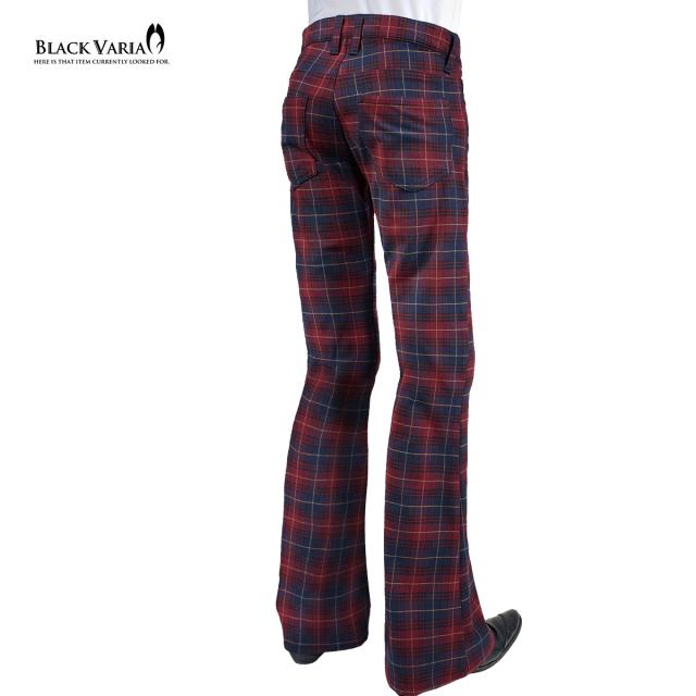 ベルボトム タータンチェック ブーツカット メンズ フレア ストレッチ ローライズ ボトムス パンツ(レッド赤ネイビー紺) 232100 ベルボトム タータンチェック ブーツカット メンズ フレア ストレッチ