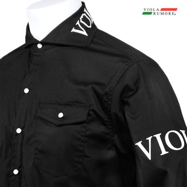 VIOLA rumore ヴィオラ ビオラ シャツ 襟プリント ホリゾンタルカラー メンズ 長袖 men(ブラック黒×銀ロゴ) 42301 VIOLA rumore ヴィオラ ビオラ シャツ 襟プリント ホリゾンタルカラー