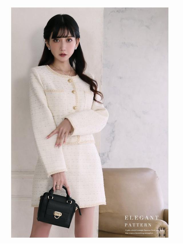 一部予約販売 キャバスーツ Belsia.LUX ラメツイード 白 ノーカラー 白